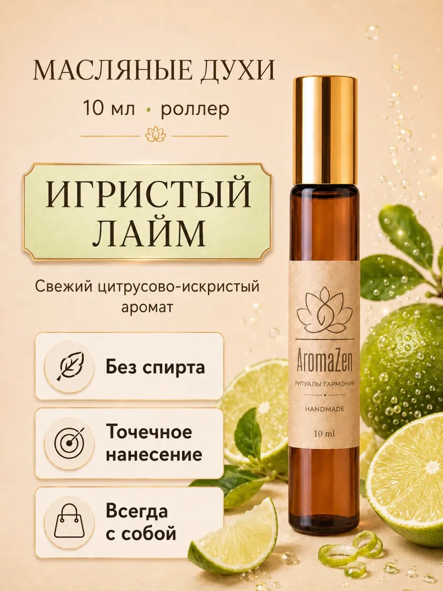 Масляные духи роллер "Игристый лайм", женские, без спирта, шариковые, 10 мл