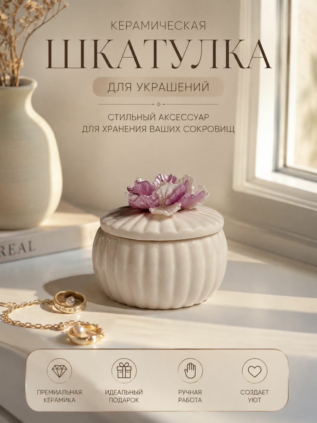Шкатулочка Цветок розовый, 6 см, керамика