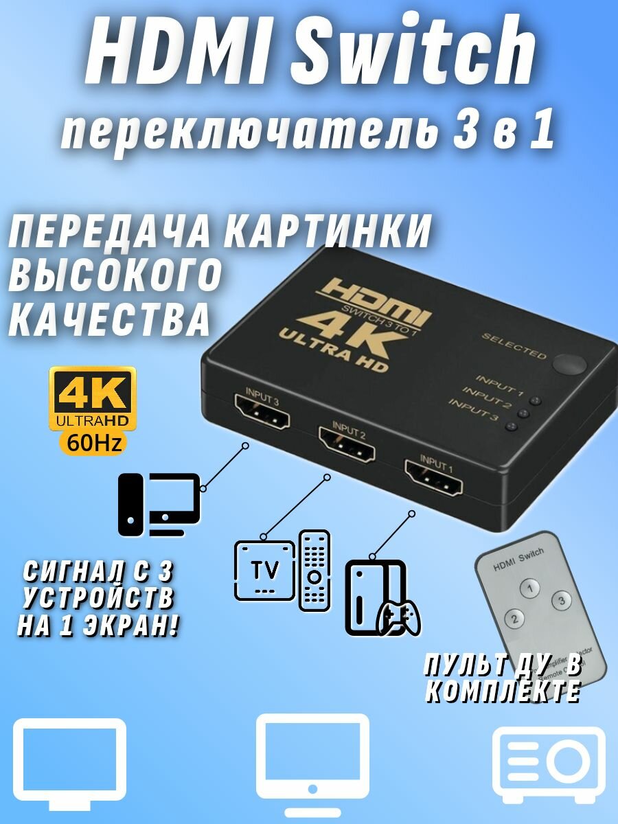 Hdmi 4k 3x1 Свитч Switch с пультом конвертер