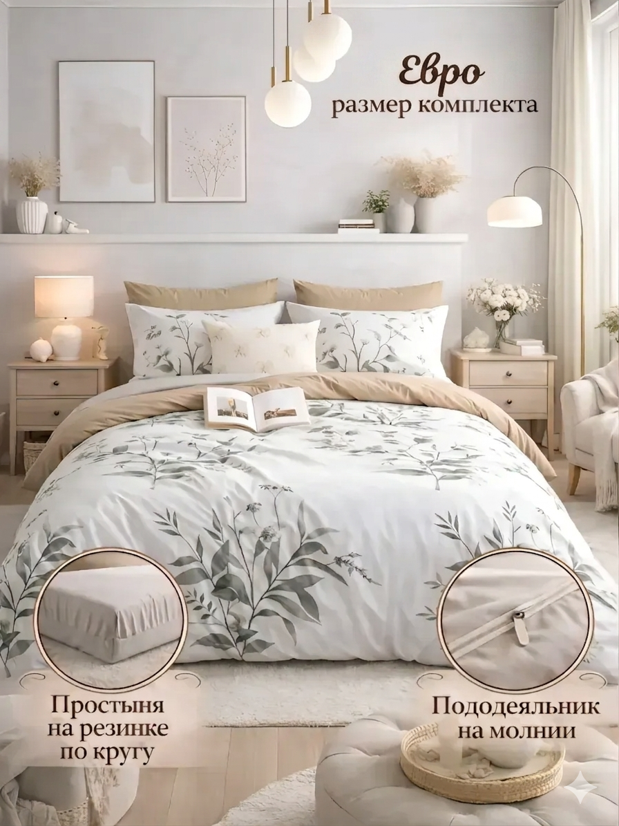 Постельное белье евро, простыня на резинке 180*200 хлопок, бежевый, цветочки, купить