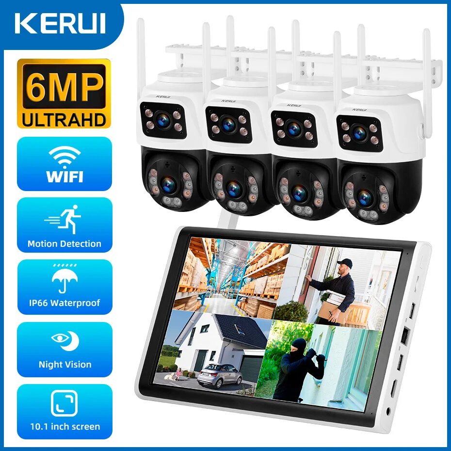 KERUI 6MP Full HD 8-канальная беспроводная система безопасности NVR с камерами WIFI IP с двойными объективами для улицы мониторинга CCTV рекордер аудио и видео