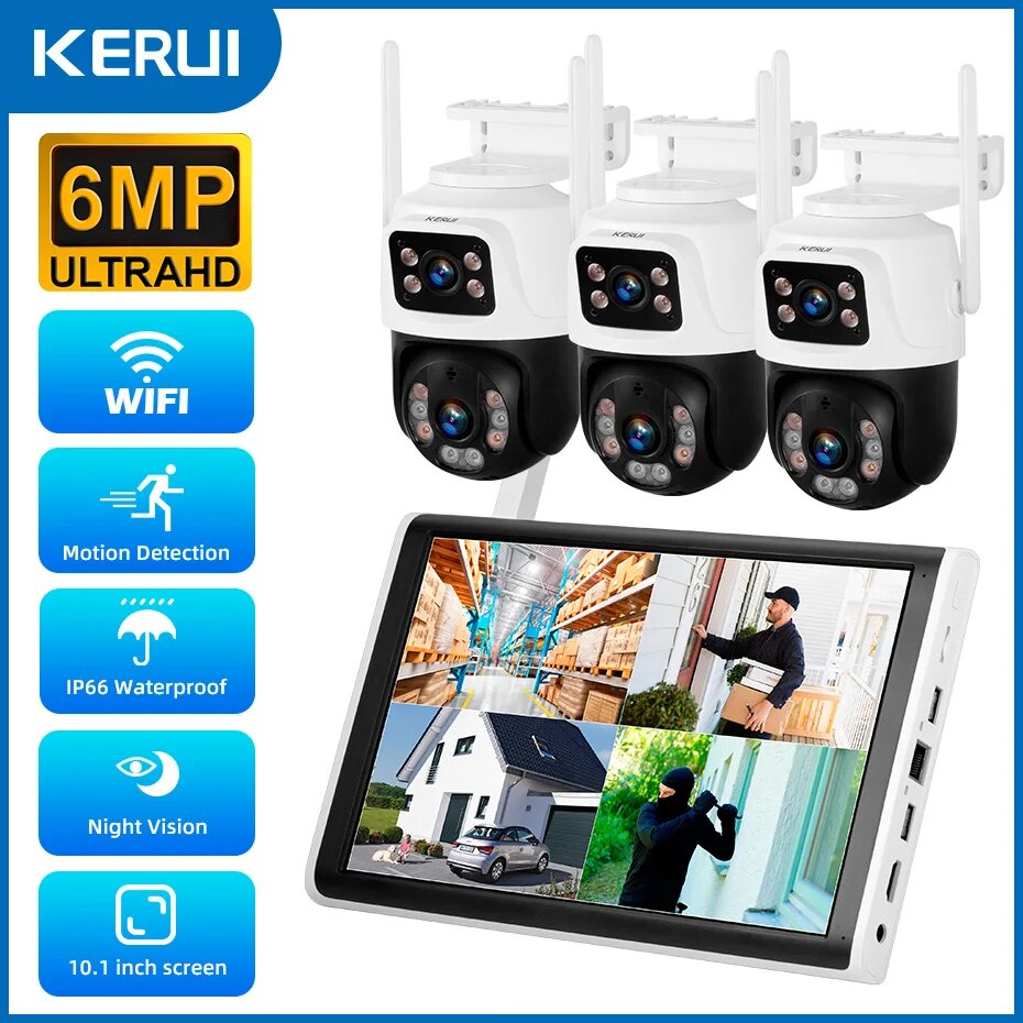 KERUI 8CH Беспроводной комплект NVR с LCD-монитором 10,1 дюйма Система беспроводных IP-камер для домашней безопасности с двойной линзой 6MP Видеорегистратор для наблюдения