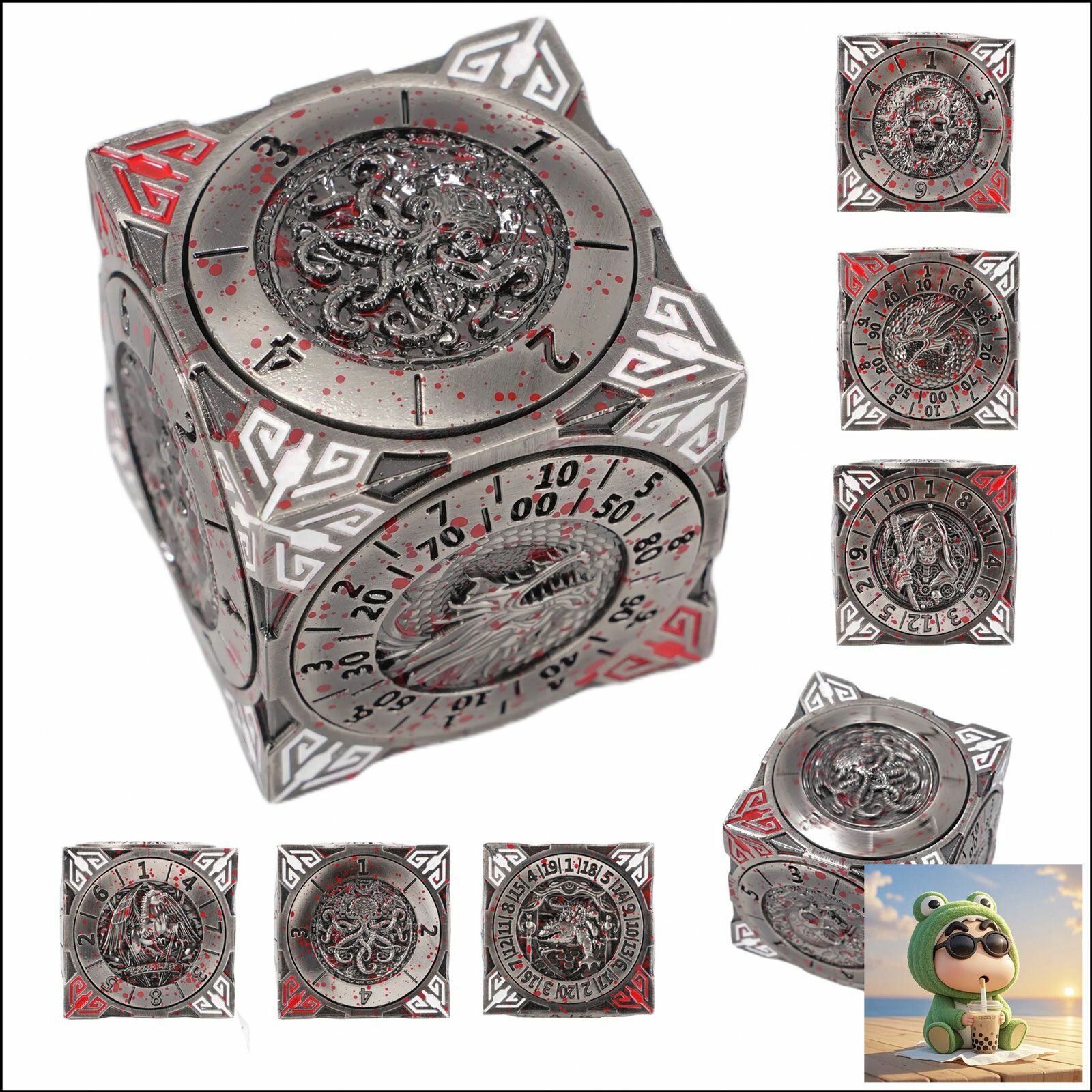 2025 Новые DND Spinner Dice, металлические кубики 7-в-1 с трехмерным облегчением для подземелий и подарков Dragons, многогранных ролевых игровых костей, аксессуаров RPG Fantasy D & D для DM & Player.