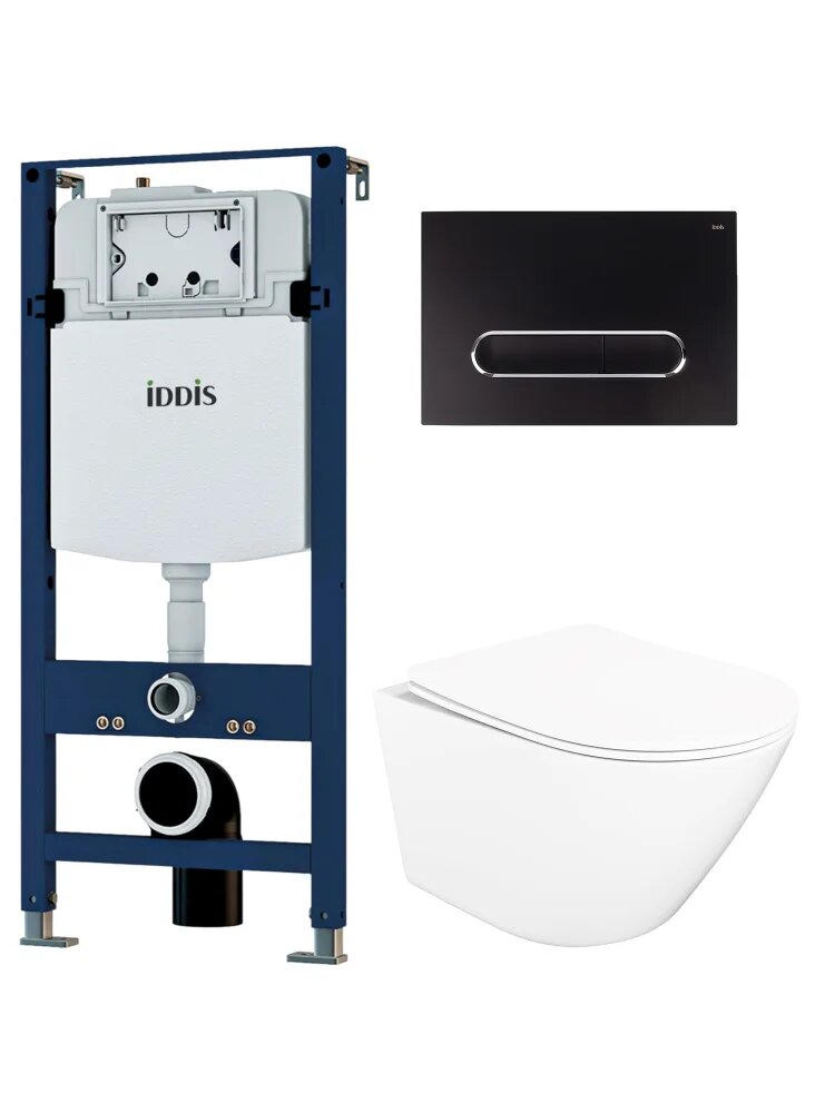 Комплект 4 в 1: Инсталляция IDDIS Профикс (Profix) PRO0000i32 / Унитаз подвесной STWORKI Левангер S07401WH безободковый, с микролифтом / Кнопка Юнификс (Unifix) UNI71MBi77, Комплект креплений
