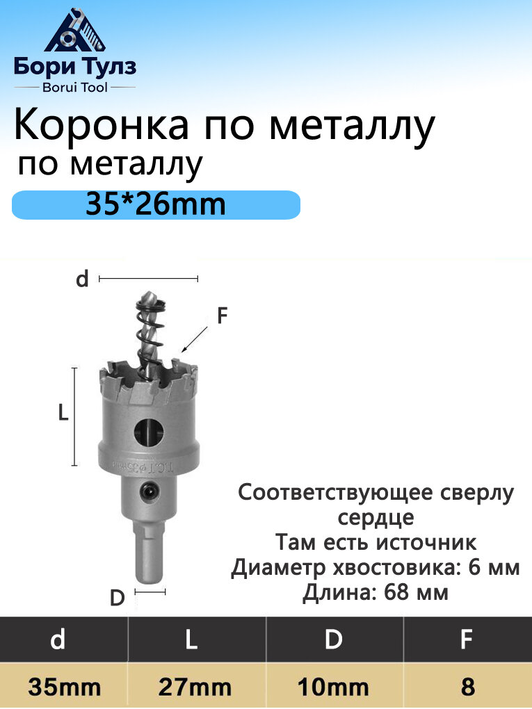 Коронка (корончатое сверло) по металлу 35 мм, твердосплавная, с центрирующим сверлом, хвостовик 10mm (трехгранный)