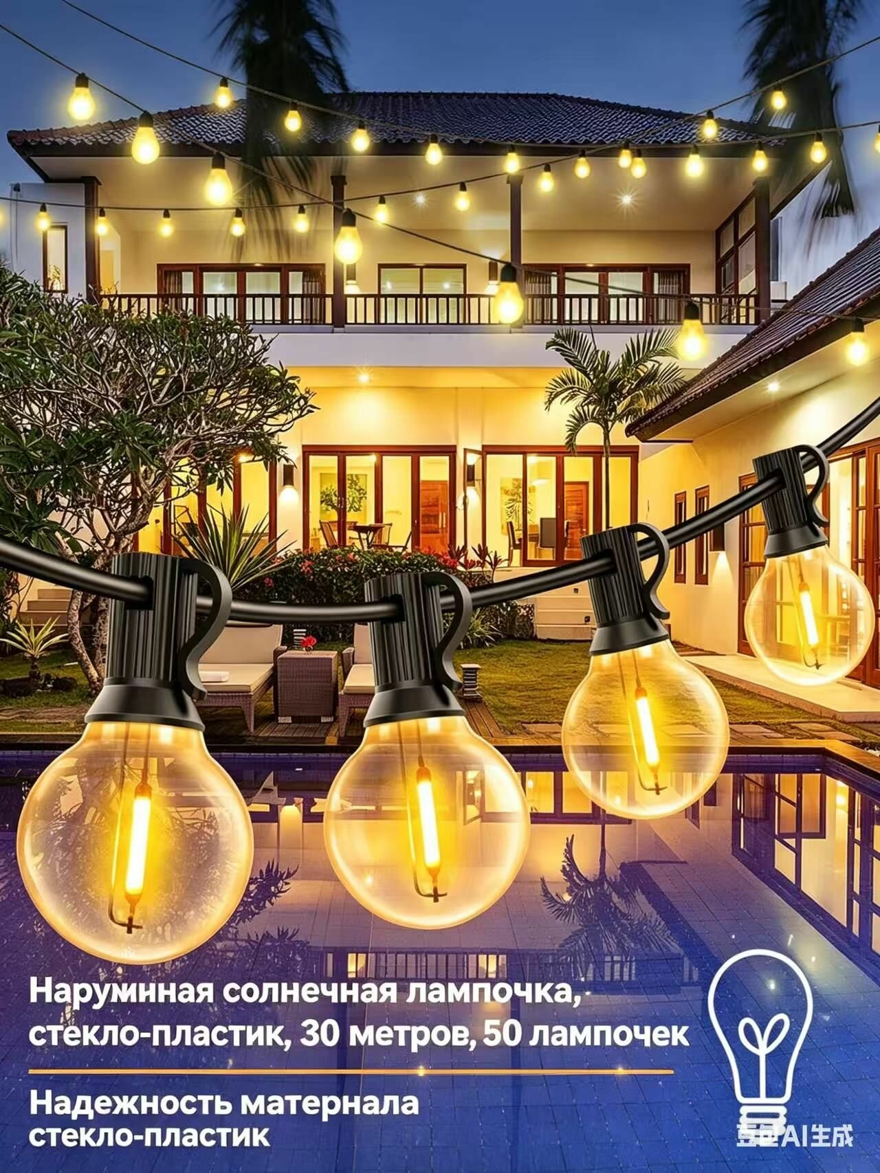 Электрогирлянда уличная Ретро Светодиодная 52 ламп, 30 м, питание От порта USB, Солнечная батарея, 1 шт