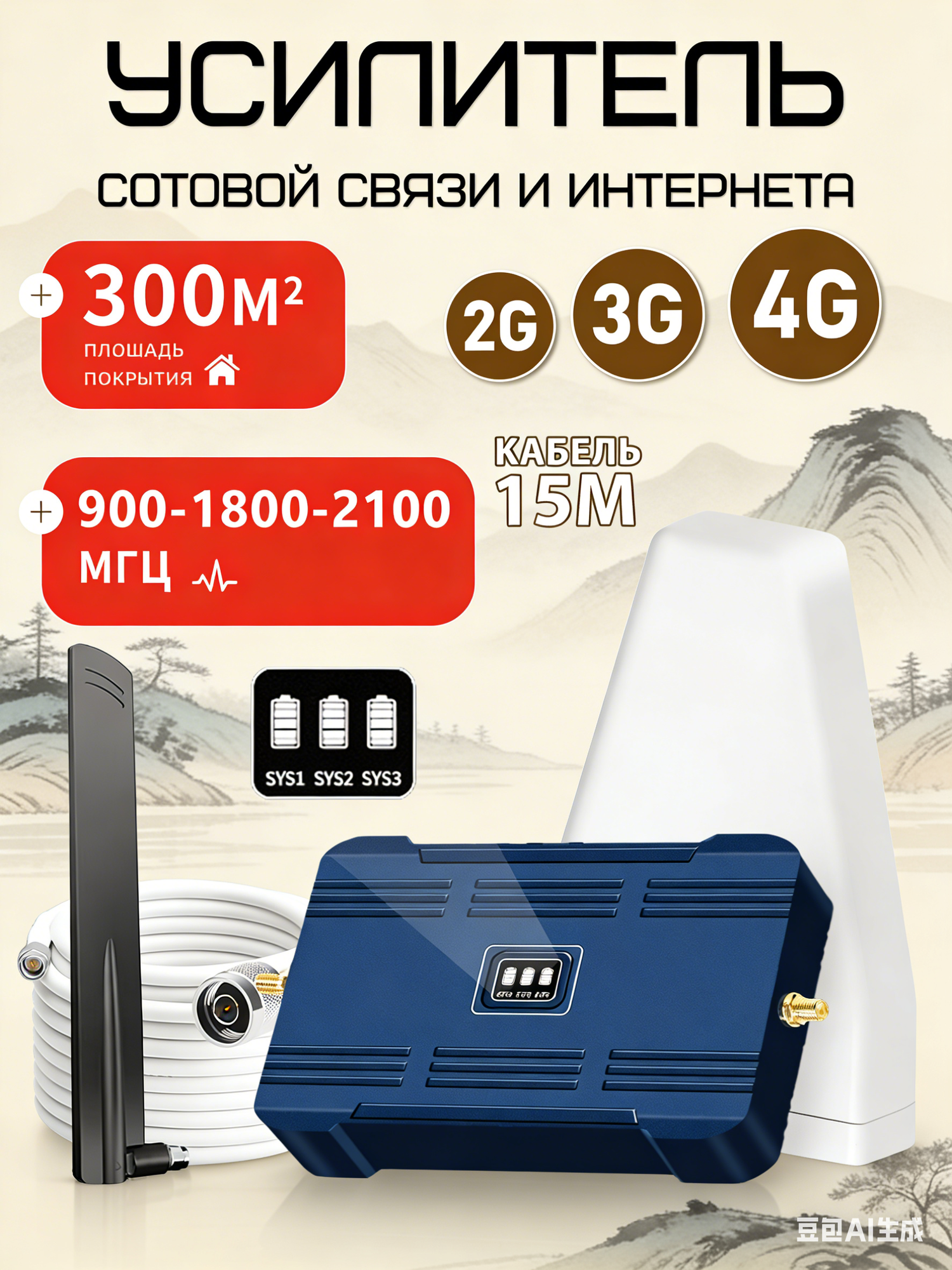 Усилитель сотовой связи 900/1800/2100 МГц (2G/3G/4G): до 70 км, направленный, синий, 1.3 кг