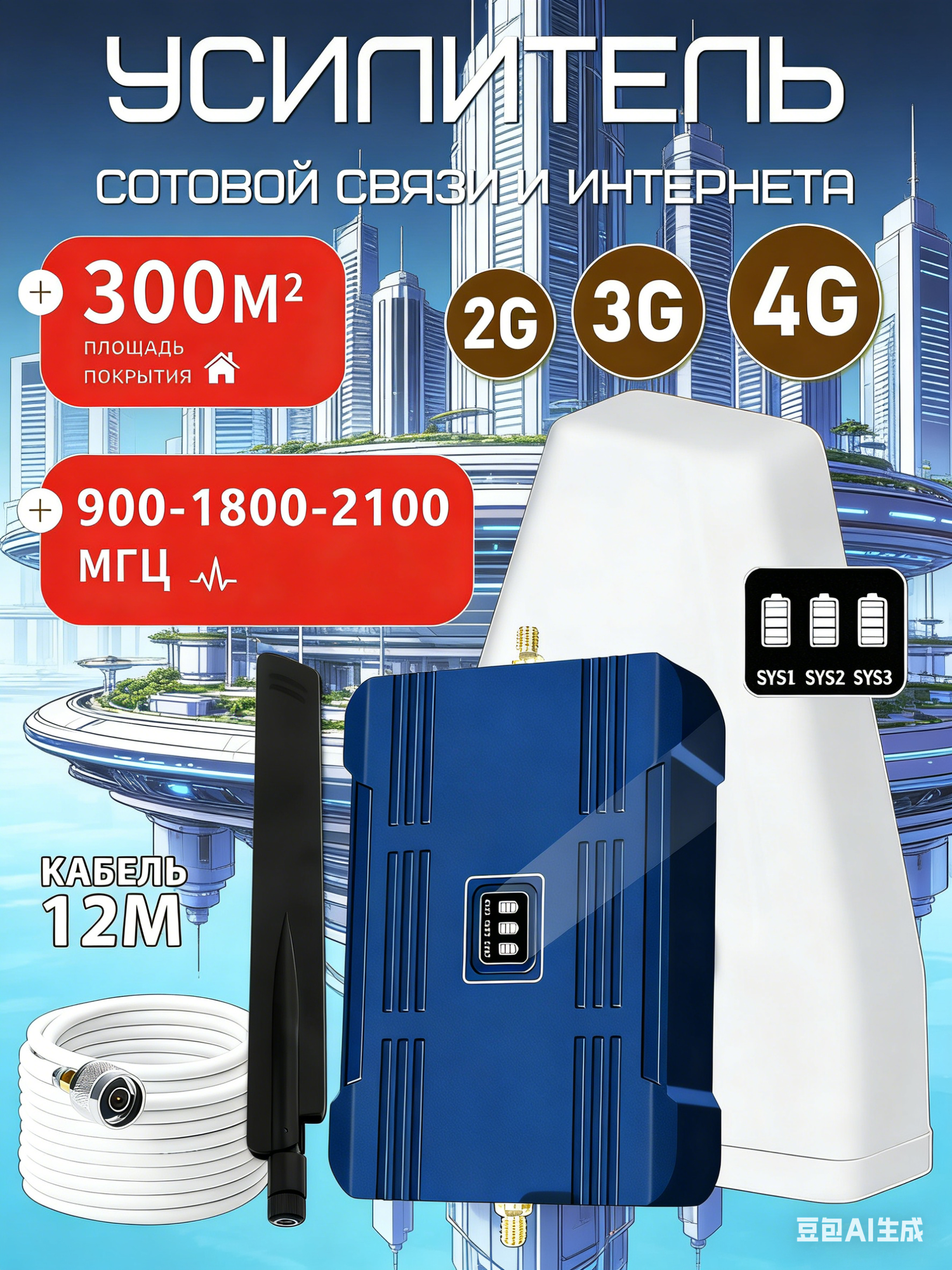 Усилитель сотовой связи 900/1800/2100 МГц (2G/3G/4G): до 70 км, направленный, синий, 1.3 кг