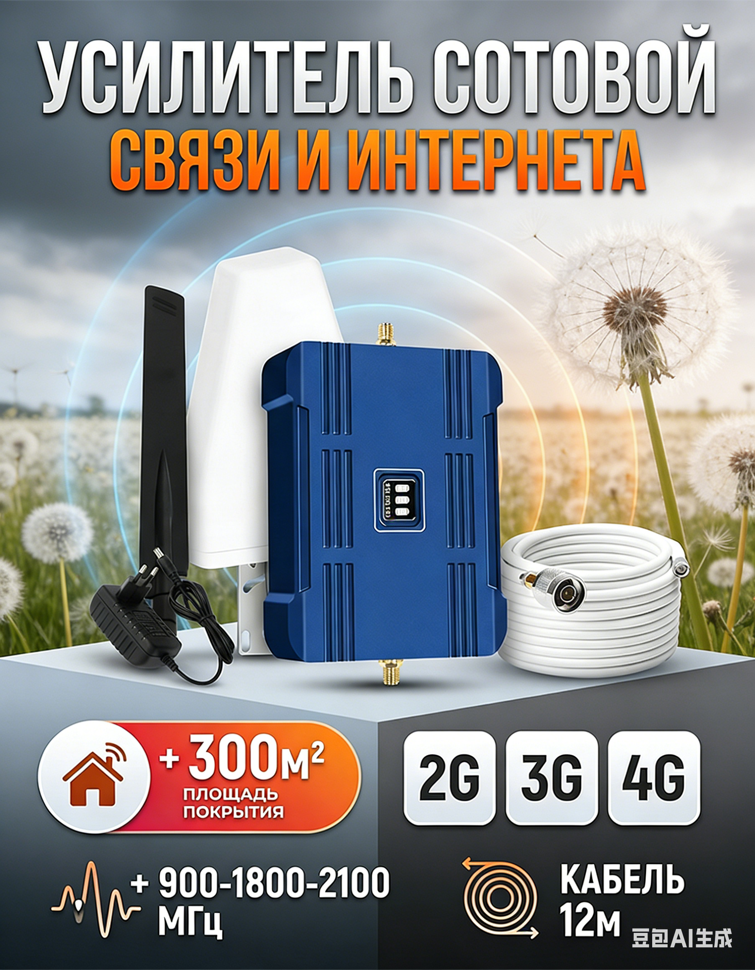 Усилитель сотовой связи 900/1800/2100 МГц (2G/3G/4G): до 70 км, направленный, синий, 1.3 кг