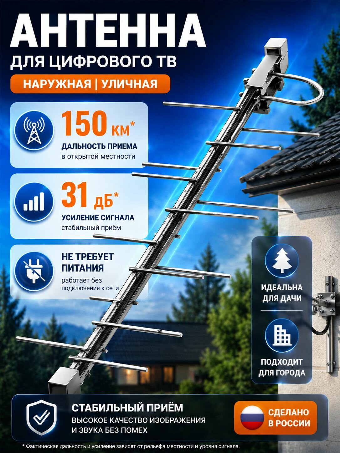 Антенна для телевизора уличная АМБА-111, цифровая DVB-T2, пассивная, без кабеля, МИР антенн