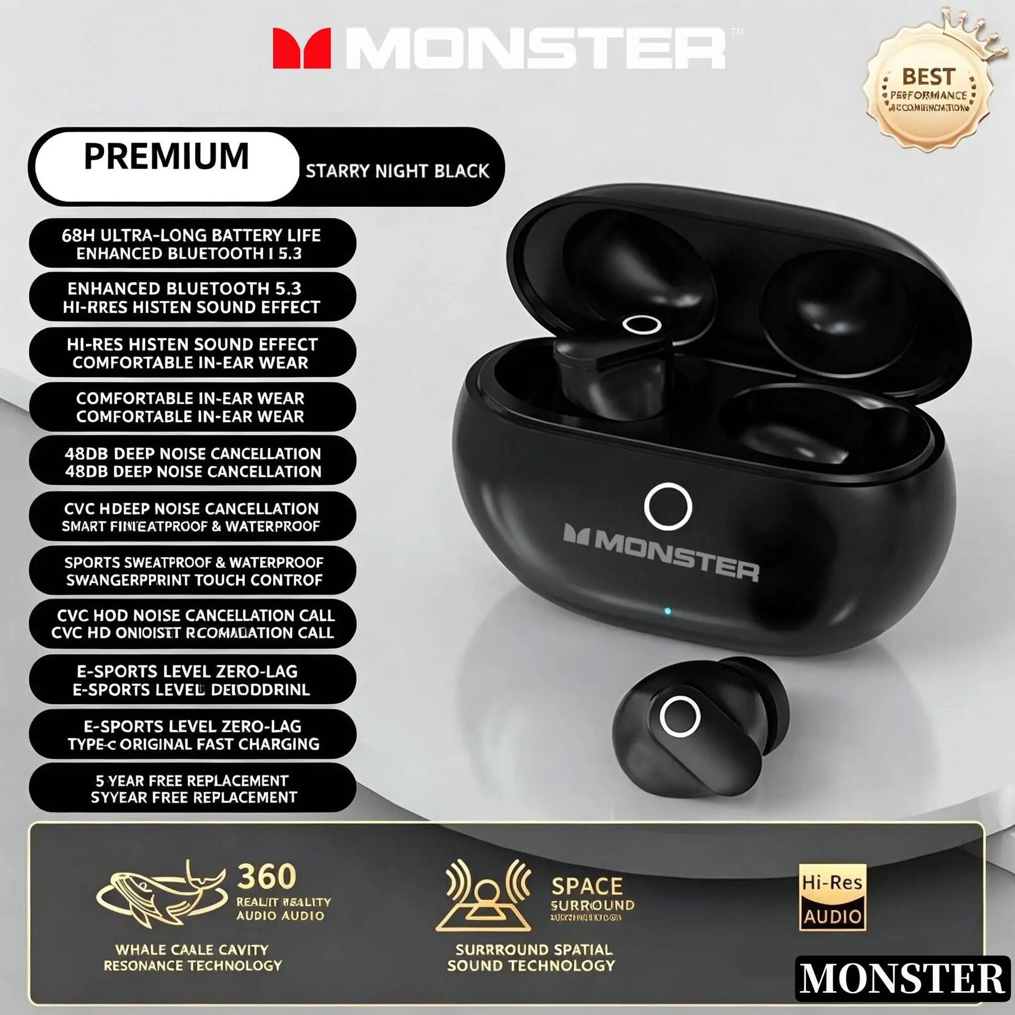 MONSTER Беспроводные наушники ANC Черный, black