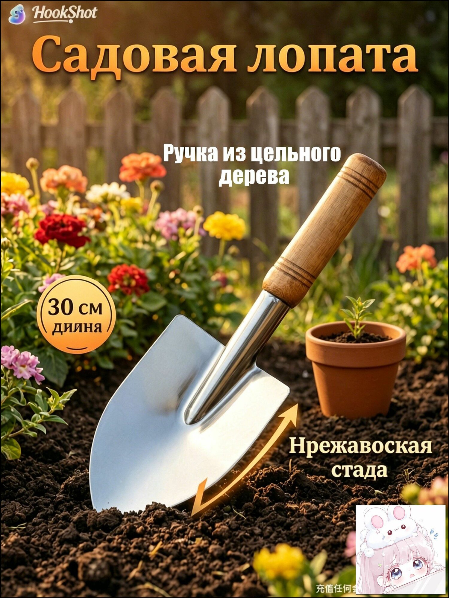 Совок садовый, Металл, рукоять Дерево