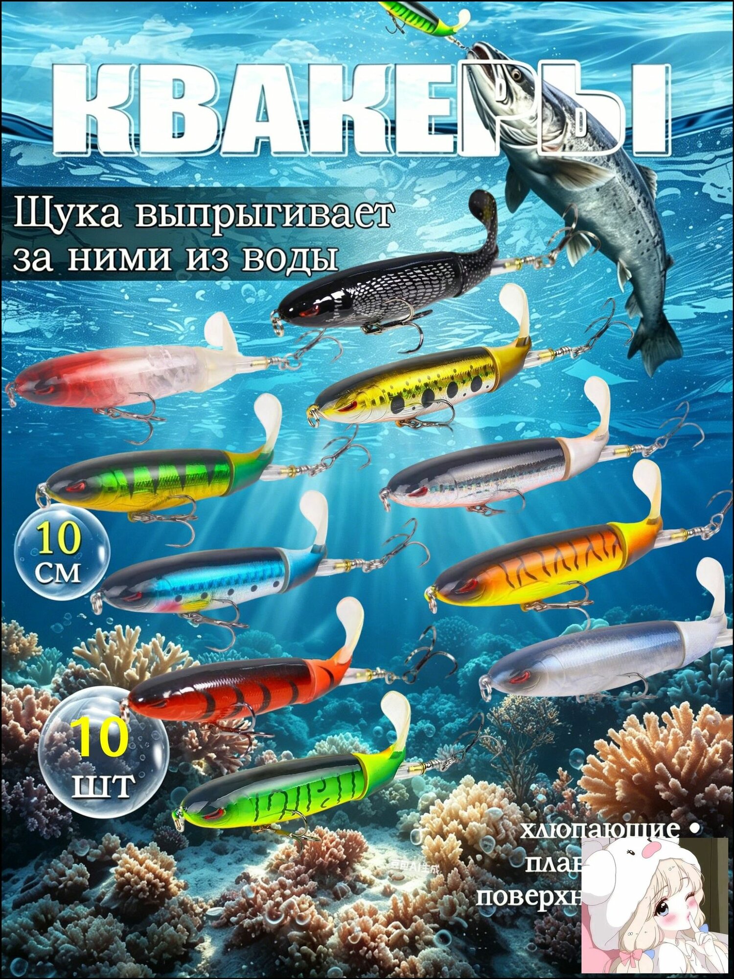 10 шт Воблер квокер Пропбейт / Поппер / Whooper с вращающимся хвостом хлюпающий для рыбалки