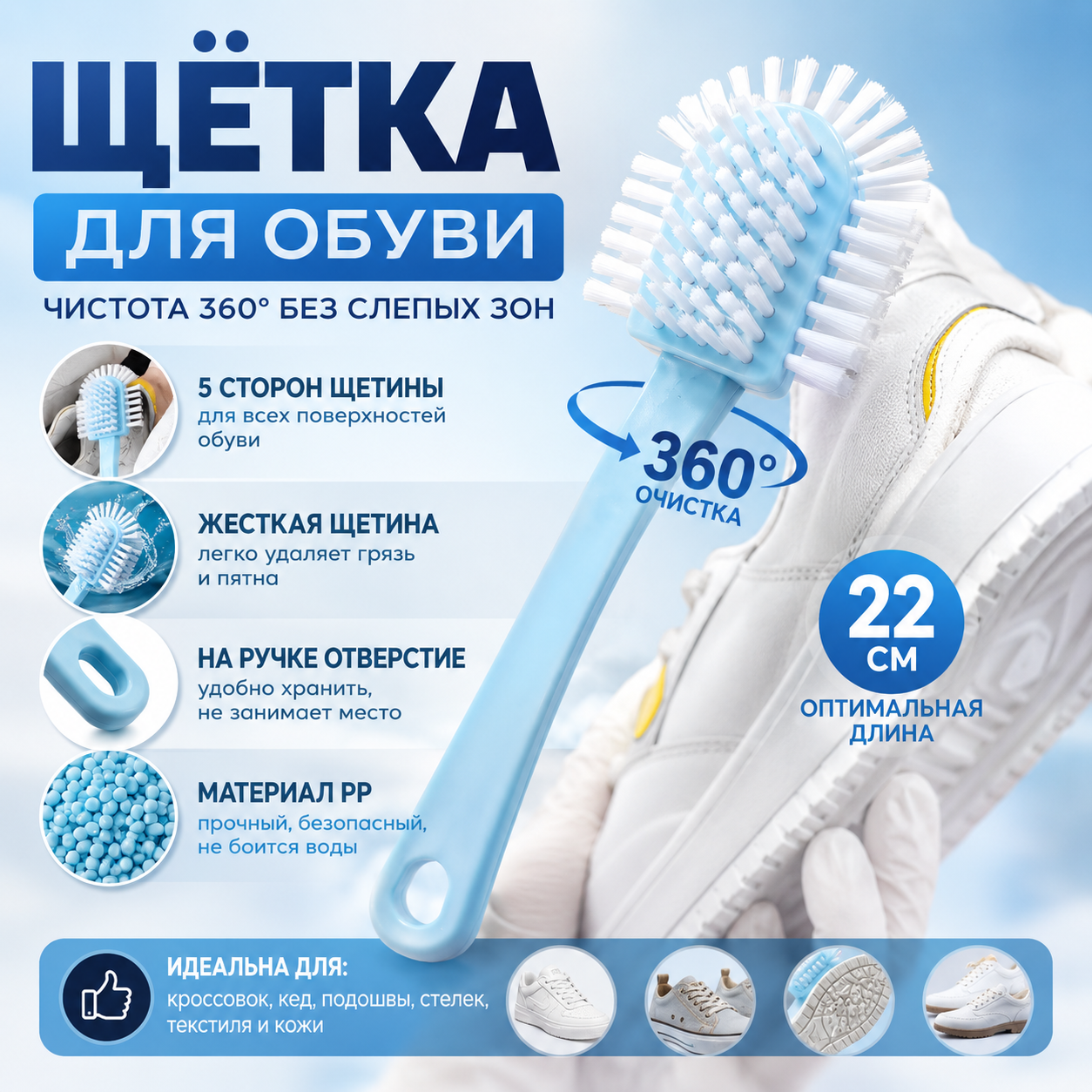 Щетка для обуви, одежды и салона, 16 см, антискользящая ручка, синяя