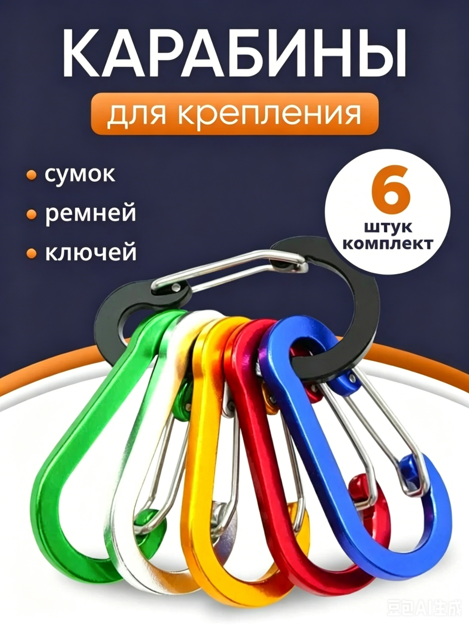 Карабины из алюминиевого сплава, 6 шт, для крепления сумок, ремней и ключей, прочные и легкие, разных цветов