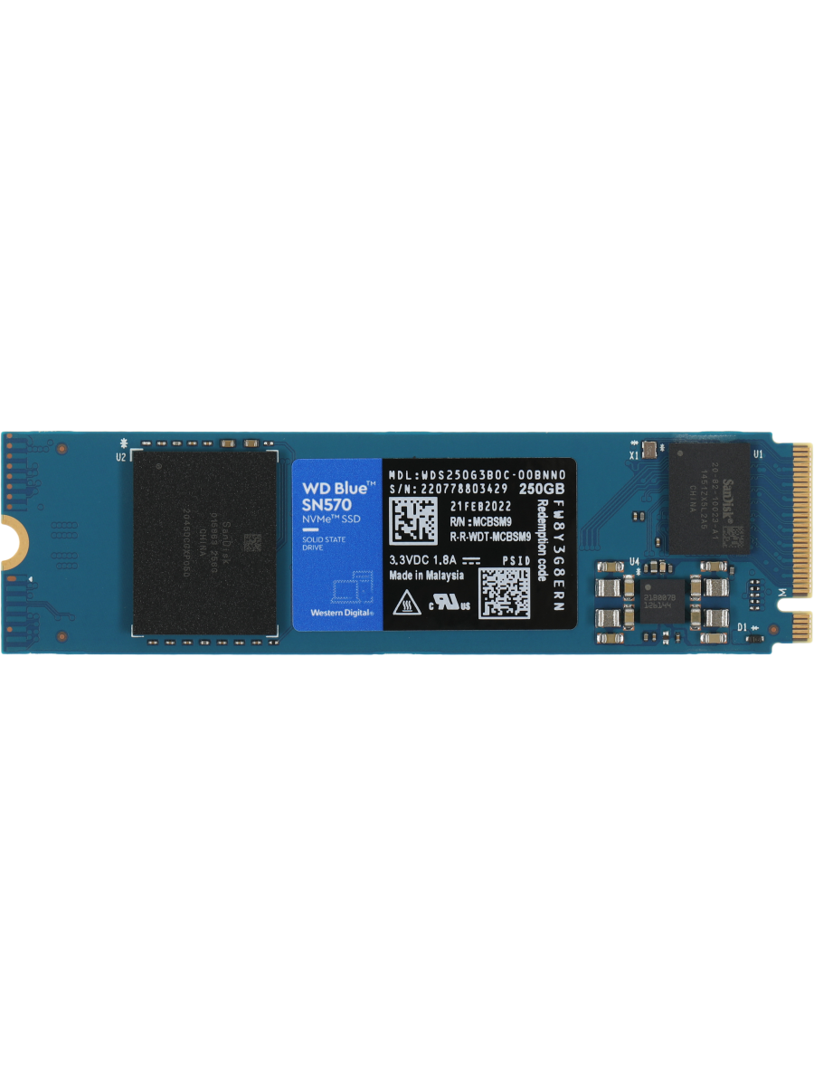 Накопитель SSD WD Blue SN570 WDS250G3B0C 250 ГБ, M.2 2280, PCIe 3.0 x4, NVMe, M.2 3300 МБ/с