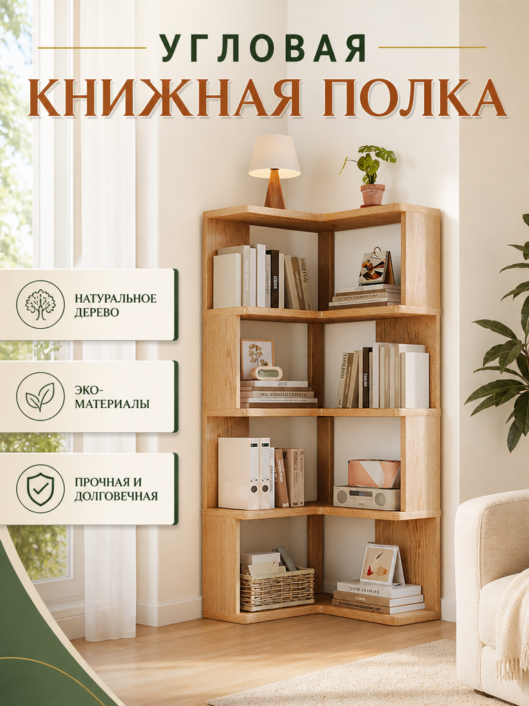 Угловая деревянная полка для хранения книг и домашнего декора, прочный долговечный четырехэтажный стеллаж для углового пространства жилых комнат