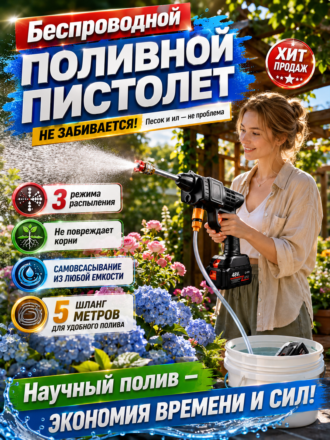Насос аккумуляторный для полива из бочки, 48V