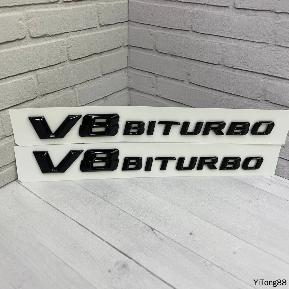 Комплект чёрных глянцевых эмблем V8 biturbo на крыло для Mercedes Benz 2 шт.