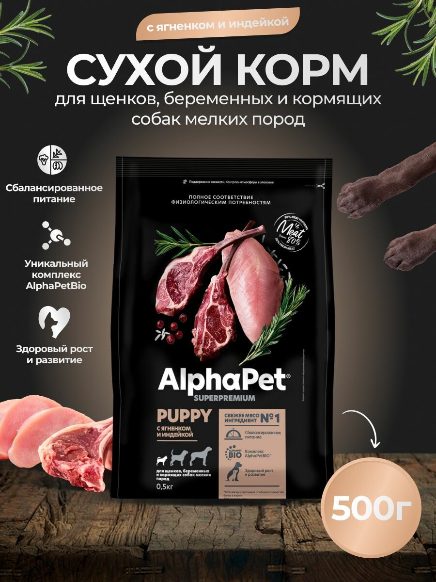 Корм сухой AlphaPet для щенков мини пород с ягненком и индейкой, пак.0,5кг