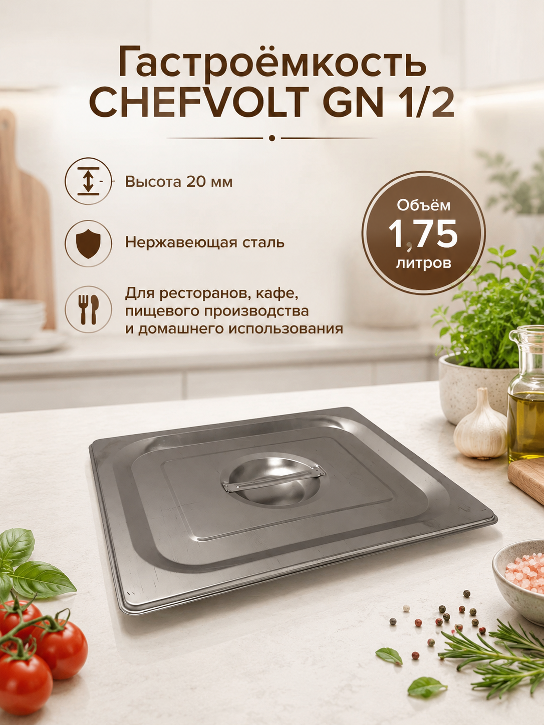 Гастроемкость GN 1/2-20 мм с крышкой, нерж. сталь CHEFVOLT