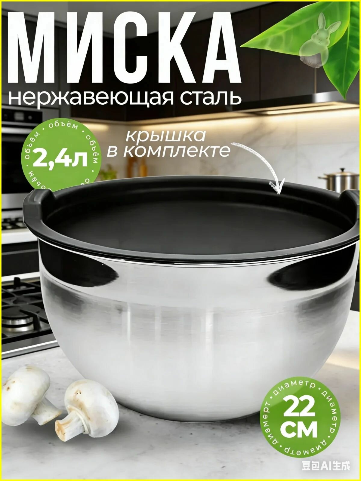 Миска С крышкой 2.4л из нержавеющей стали