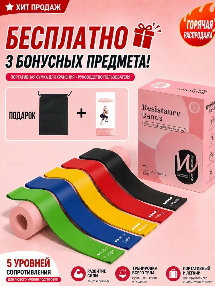 Резинка для фитнеса, набор 5 шт. Спортивный комплект эспандеров для спорта, йоги, пилатеса.