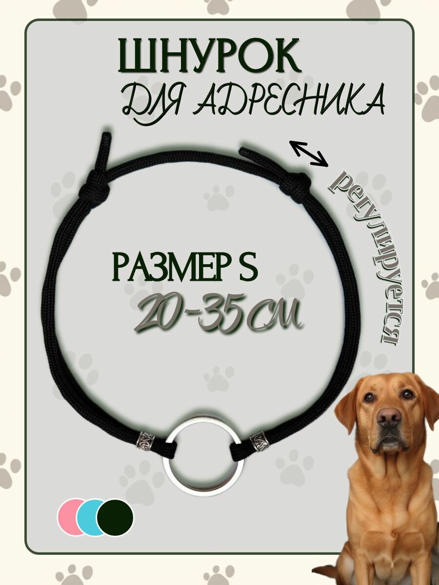 Ошейник для адресника, размер S (20-35 см) для мелких пород собак из паракорда, черный