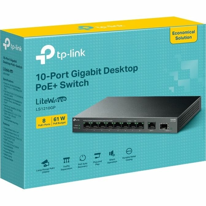 Коммутатор TP-Link LS1210GP (L2) 9x1Гбит/с 1SFP 8PoE 61W неуправляемый