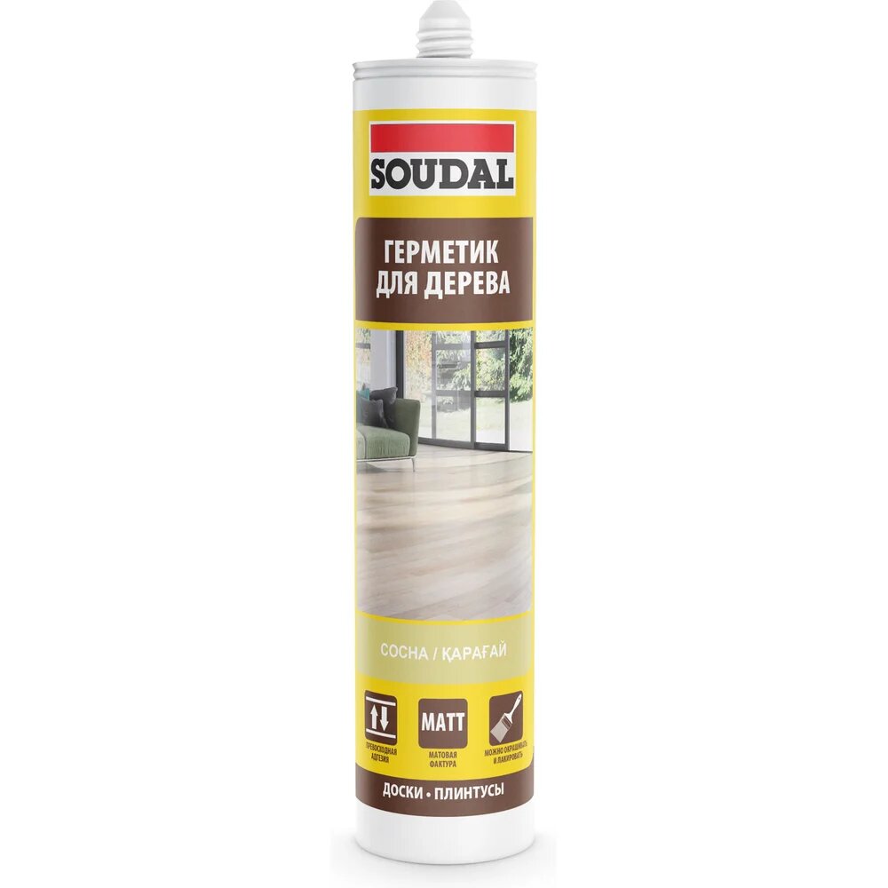Паркетный акриловый герметик под сосну SOUDAL для дерева, гипсокартона и газобетона, без запаха, окрашиваемый