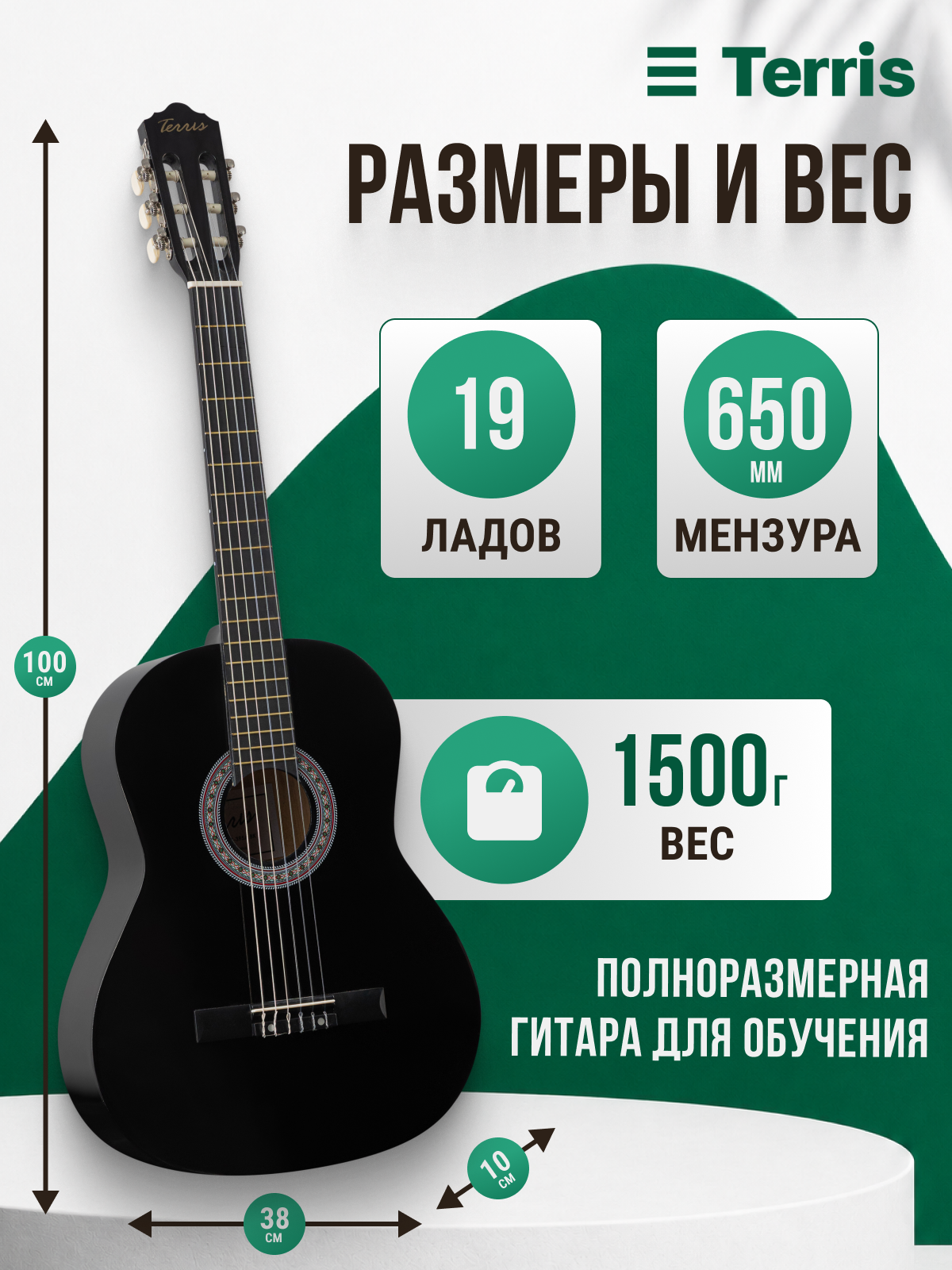 Классическая гитара TERRIS TC-395A BK: 4/4, черная, нейлоновые струны, с анкером