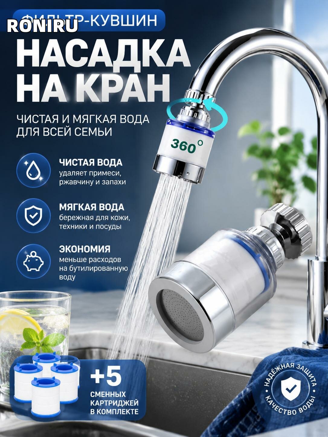 Фильтр-кувшин для воды с универсальной насадкой на кран и сменными картриджами — очистка, мягкая вода, экономия
