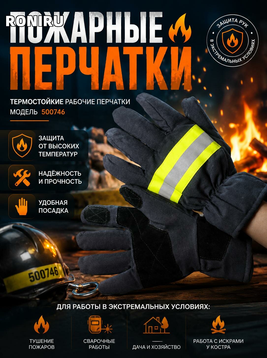 Пожарные перчатки 500746 — термостойкие рабочие перчатки для тушения огня, сварки, дачи и работы с искрами у костра