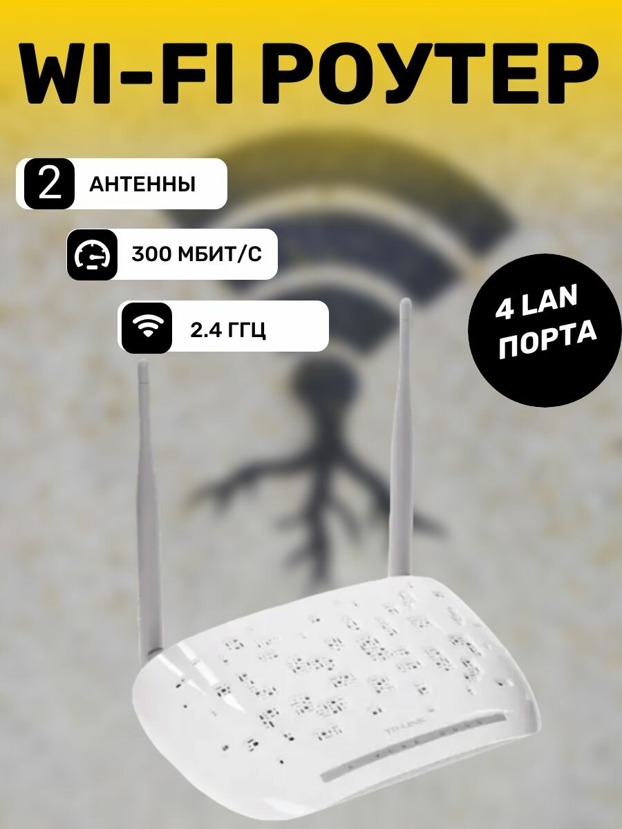 Роутер ADSL, ADSL2, ADSL2+ 2.4 ГГц, 300 Мбит/с, 4 LAN.