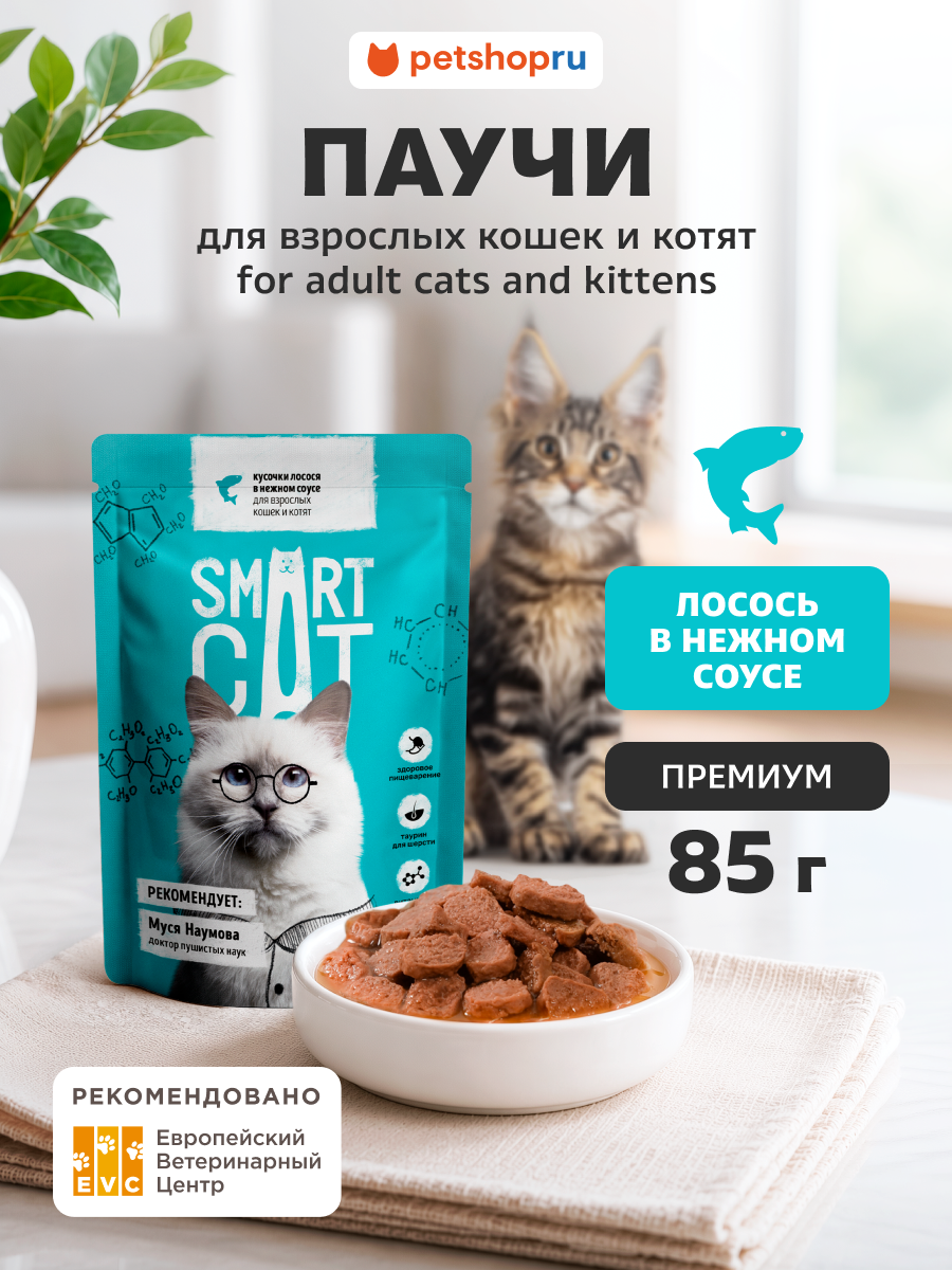 Smart Cat Паучи для взрослых кошек и котят: кусочки лосося в нежном соусе. Влажный корм, 85г