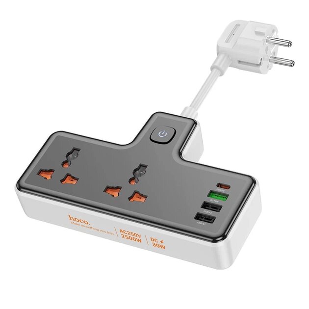 Компактный сетевой разветвитель-удлинитель Hoco ac12a, черный / AC x2, Type-C, USB-A x3, Power Delivery 3.0