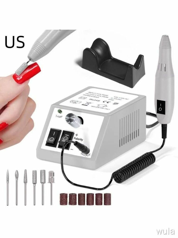 Шлифовальный станок для ногтей US, 100W, 5 металлических и 5木质ных насадок, с подсветкой и креплением, для маникюра дома
