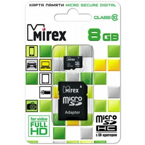 Карта памяти microSDHC Mirex 8 Гб класс 10 - с адаптером SD