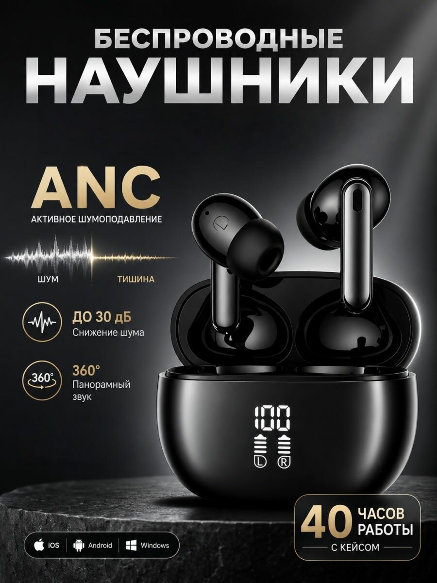 Наушники беспроводные с шумоподавлением ANC+ENC, Bluetooth 5.3, Беспроводные наушники с микрофоном для телефона