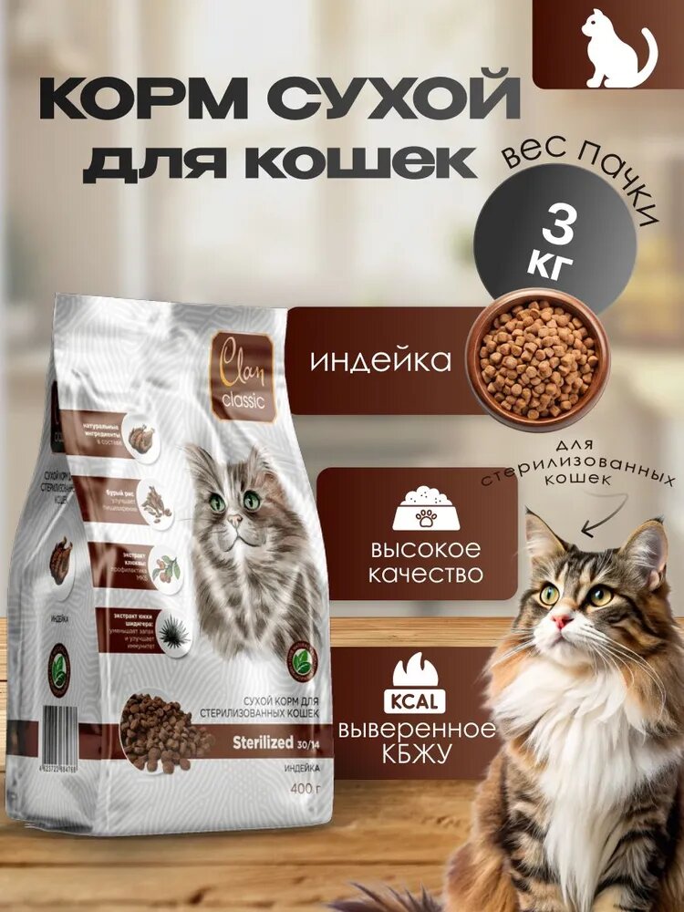 CLAN CLASSIC Sterilized 30/14 сухой корм для стерилизованных кошек с индейкой