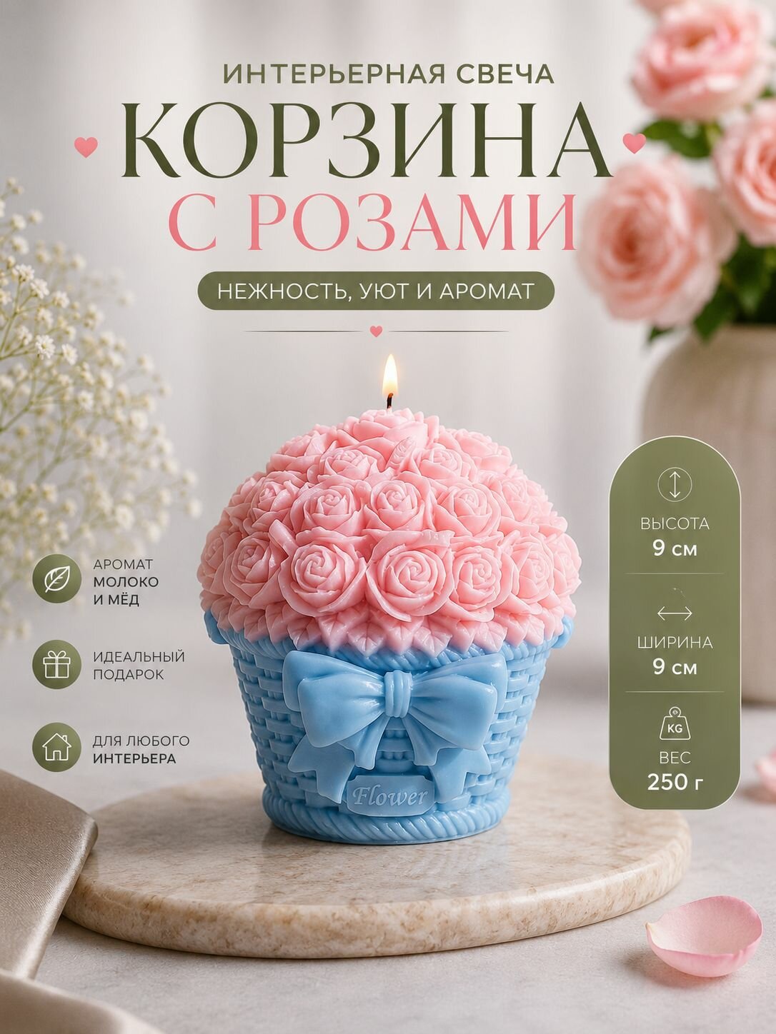 Свеча интерьерная ароматическая Корзина с розами