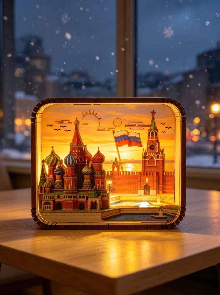 Сувенир из Москвы Музыкальная шкатулка 3D Кремль, Собор Василия Блаженного, деревянный сенсорный ночник с мелодией, подарок