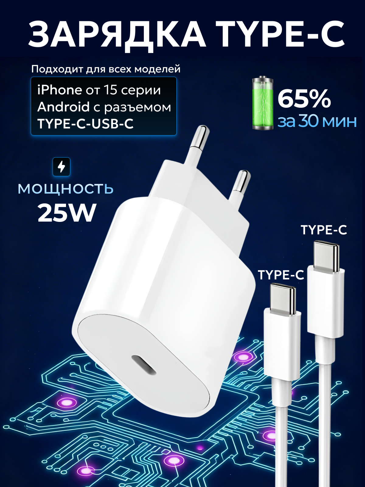 Адаптер 25W USB-А + Кабель Type-C (2A) для iPhone и Android, быстрая зарядка, белый