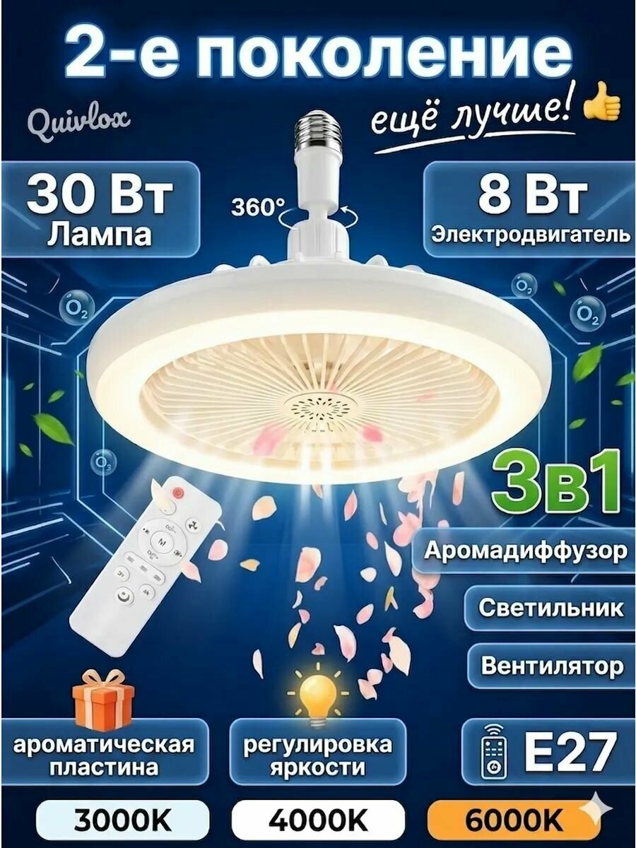 Люстра-вентилятор потолочный E27 с пультом ДУ, монтаж как лампочка (без электрика), бесшумный мотор, LED без мерцания