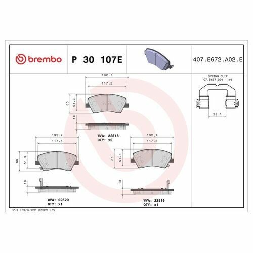 Комплект тормозных колодок, дисковый тормоз hyundai ioniq (ae) 03/16-> Brembo P30107E