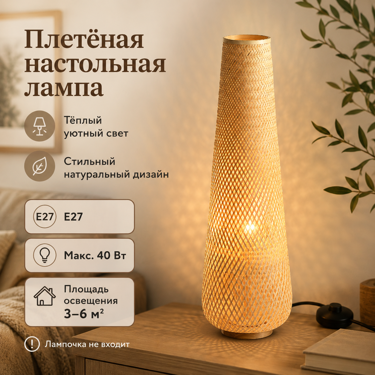 Напольный светильник Торшер лофт, абажур большой из плетеный бамбуковый, природный ротанг, с выключателем