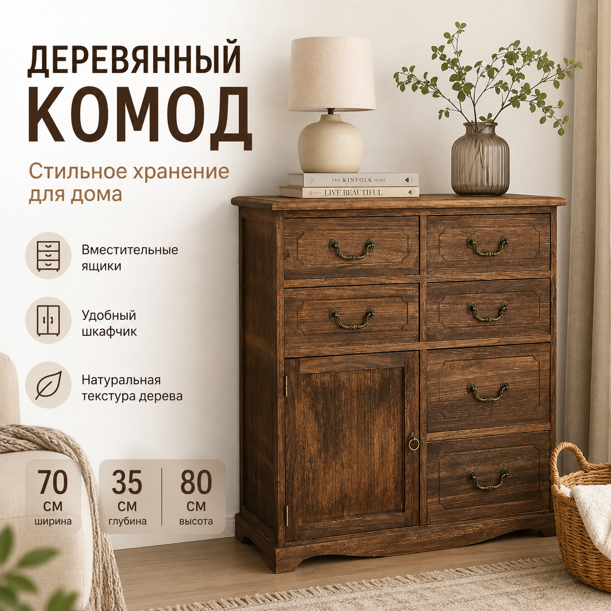 Комод из цельного дерева, простое хранение в стиле ретро, многослойный