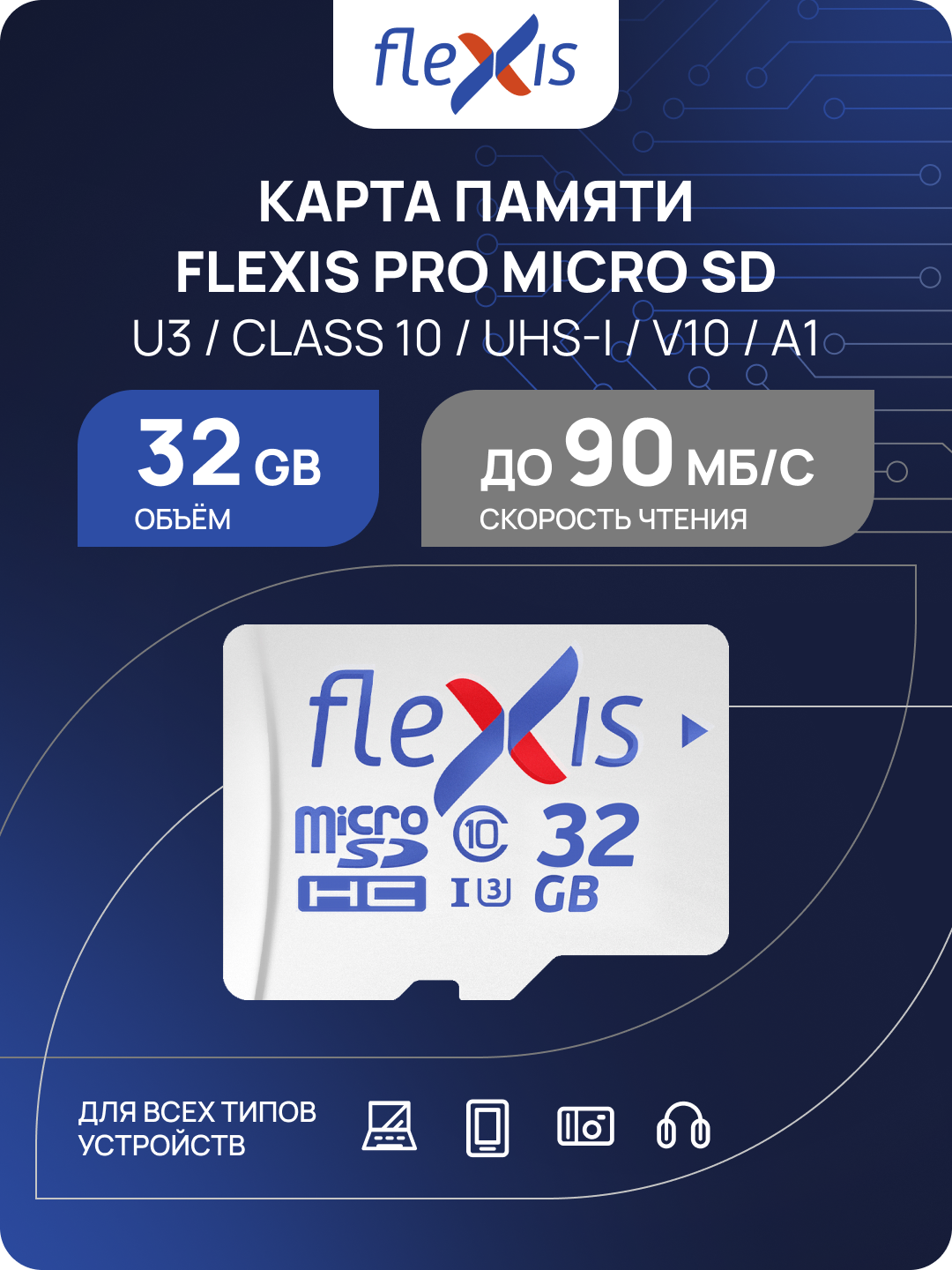 Карта памяти microSDHC 32GB Flexis Pro, CL10 UHS-I U3, для телефона, видеорегистратора, FMSD032GU3