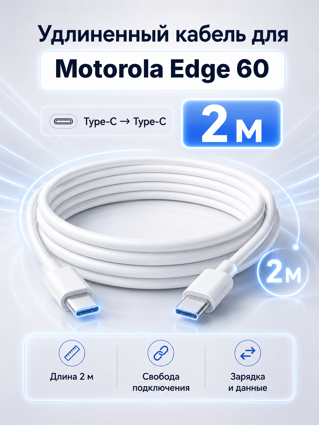 Удлиненный кабель для Motorola Edge 60 Type-C на Type-C, 2 м