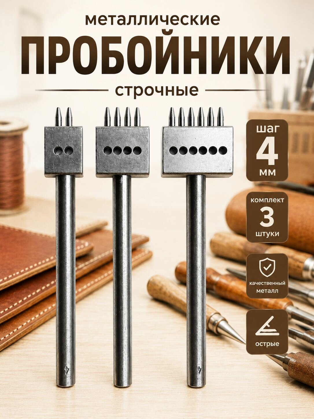 Пробойники строчные для кожи, комплект 3 штуки, шаг 4 мм